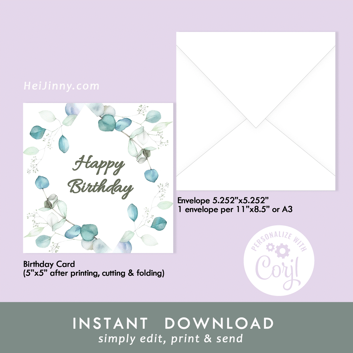 Watercolor Greenery, Eucalyptus Birthday Card 5x5 with Envelope 5.25x5 ...