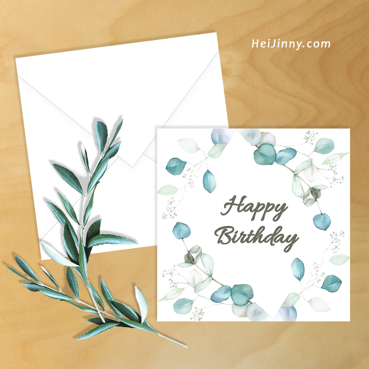 Watercolor Greenery, Eucalyptus Birthday Card 5x5 with Envelope 5.25x5 ...