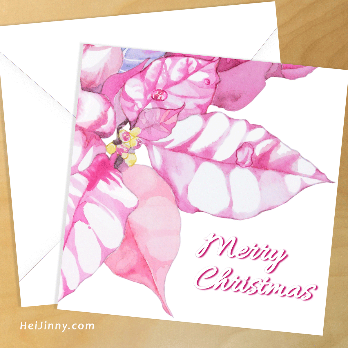 Watercolor Poinsettia, Merry Christmas Greeting Card + Envelope 5.25x5 ...