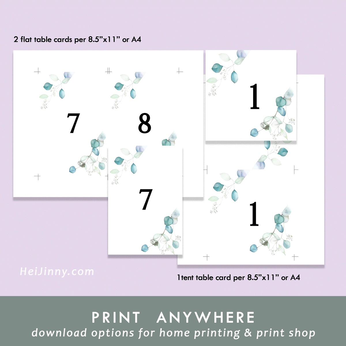 Wedding Table No Card Template, Watercolor Greenery, Eucalyptus, 4x6 f ...