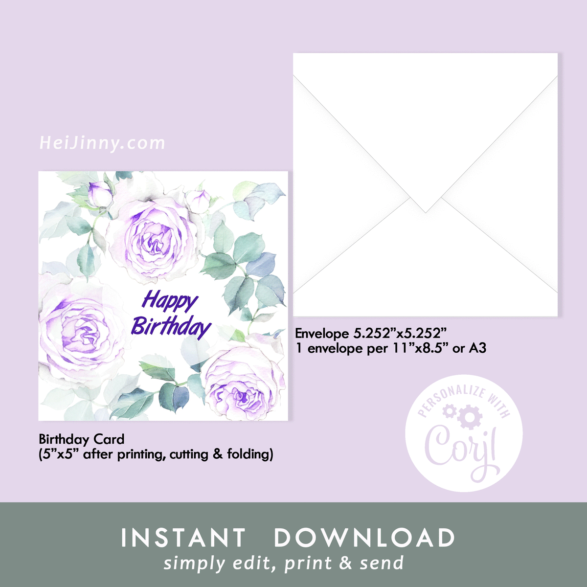 Watercolor Floral, Violet Rose Birthday Card 5x5 with Envelope 5.25x5 ...