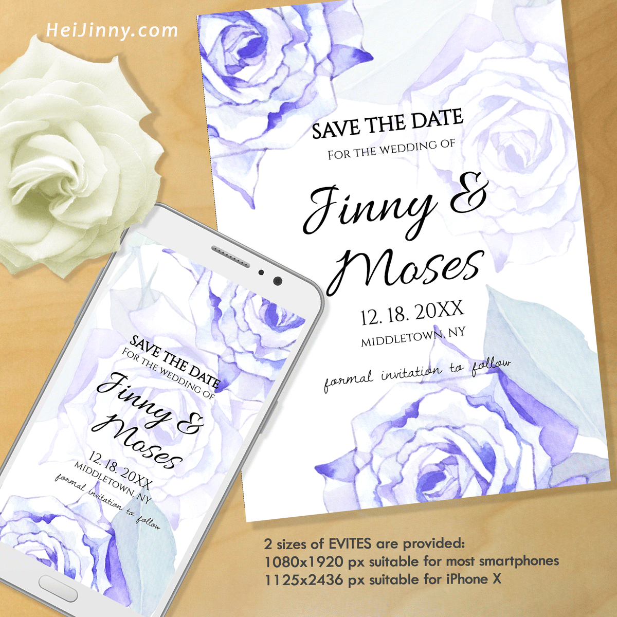 Watercolor Floral, Blue Rose Save the Date Template, Electronic Invita ...